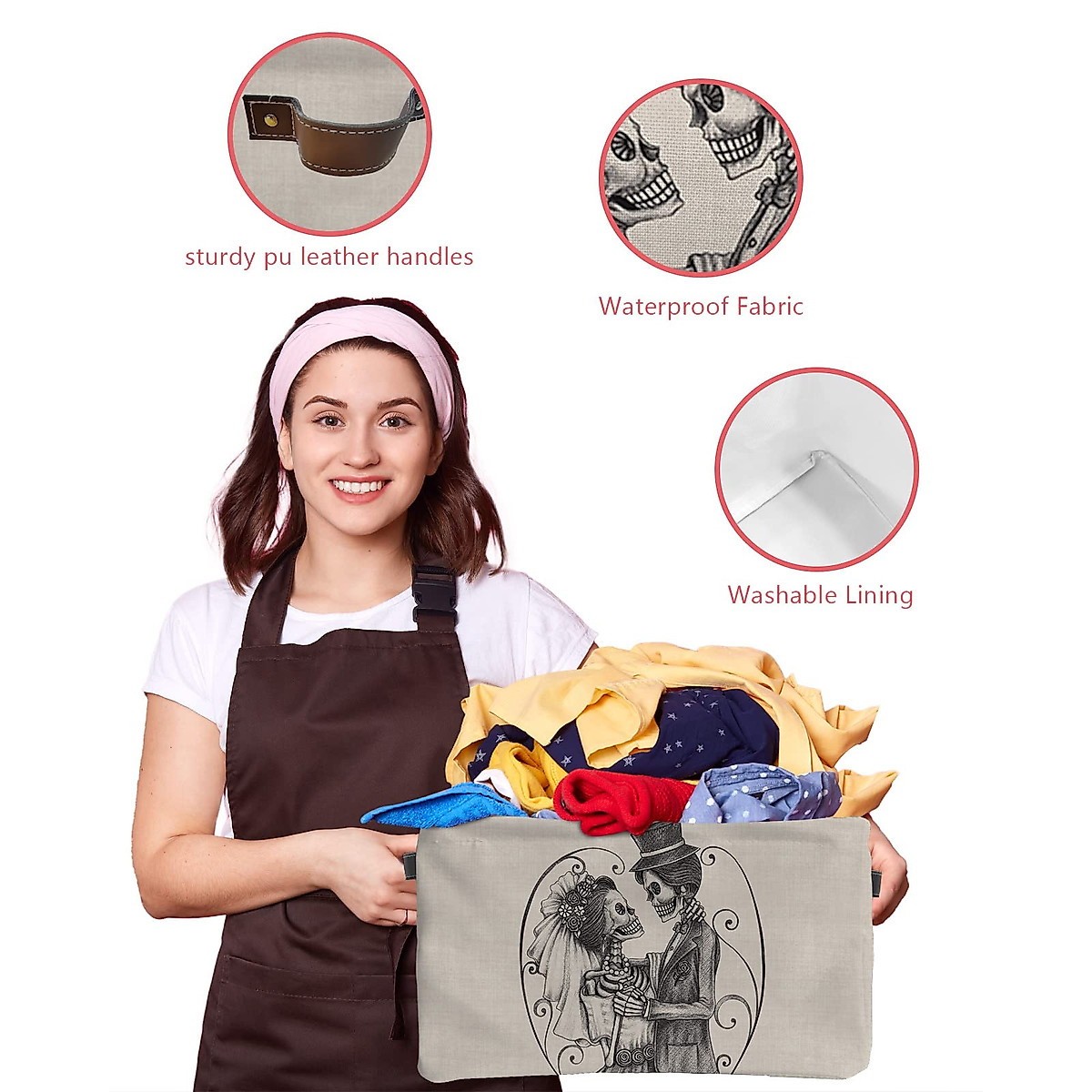 Storage Bins for Organizing, Halloween Skeleton Bride Groom Decorative Large Closet Organizers with Handles Cubes - 1 Pack Fabric Baskets for Shelves, Closets, Laundry, Nursery