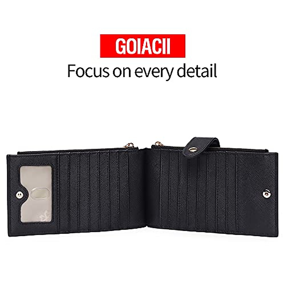 GOIACII Womens Walllet RFID Blocking Bifold Credit Card Holder with 2 Zipper Pockets Black