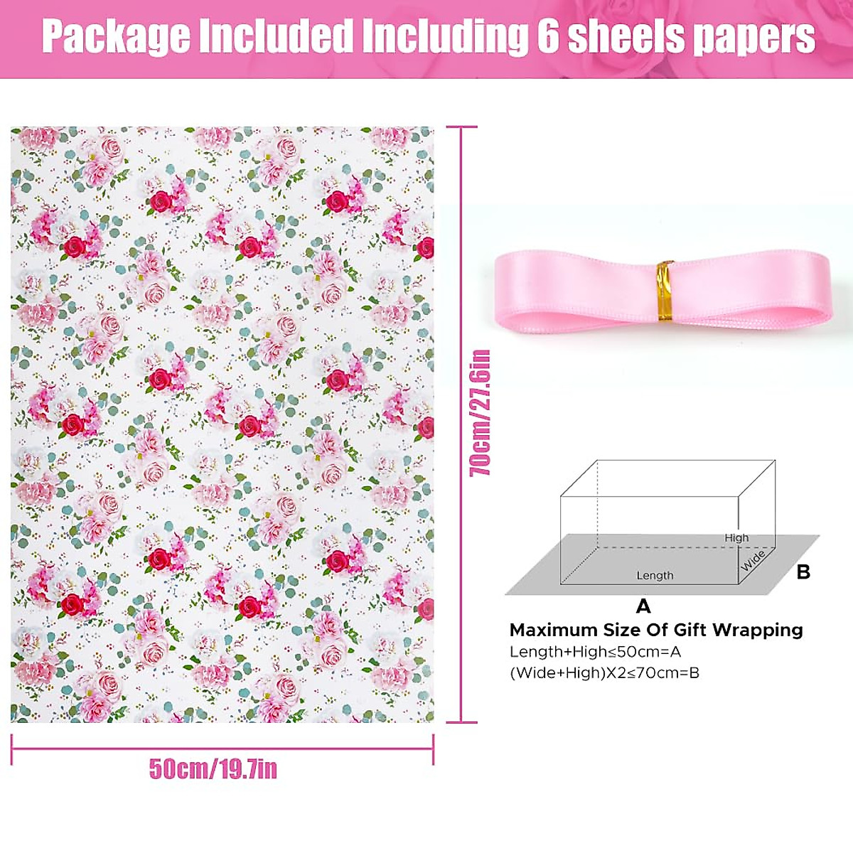 Wedding Wrapping Paper and Ribbon Set for Girls Women, 6 Folded Sheets Pink Red Rose Design, 20 x 28 inch Gift Wrap Paper for Floral Bridal Shower Engagement Wedding Birthday Party Anniversary