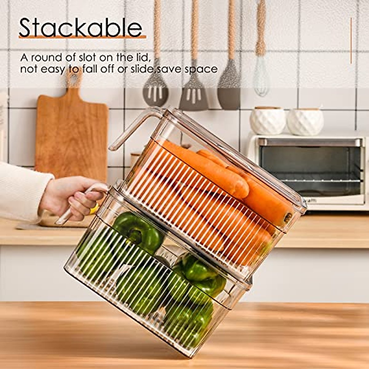 Produce Saver Containers for Refrigerator, 6.3Lx4 Organizer Bins with Lids Stackable Large Food Storage Container Sets with Drain Tray, Square Handle Food Storage Organizer Boxes, BPA Free, Set of 4