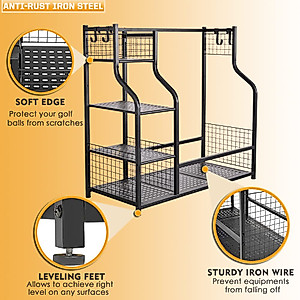 SNAIL Golf Bag Garage Storage Organizer Extra Large Size Golf Bag Rack Stand Holder Fits 2 Golf Bags and Other Golfing Equipment Accessories, Metal Black Golf Club Storage for Garage Shed and Basement