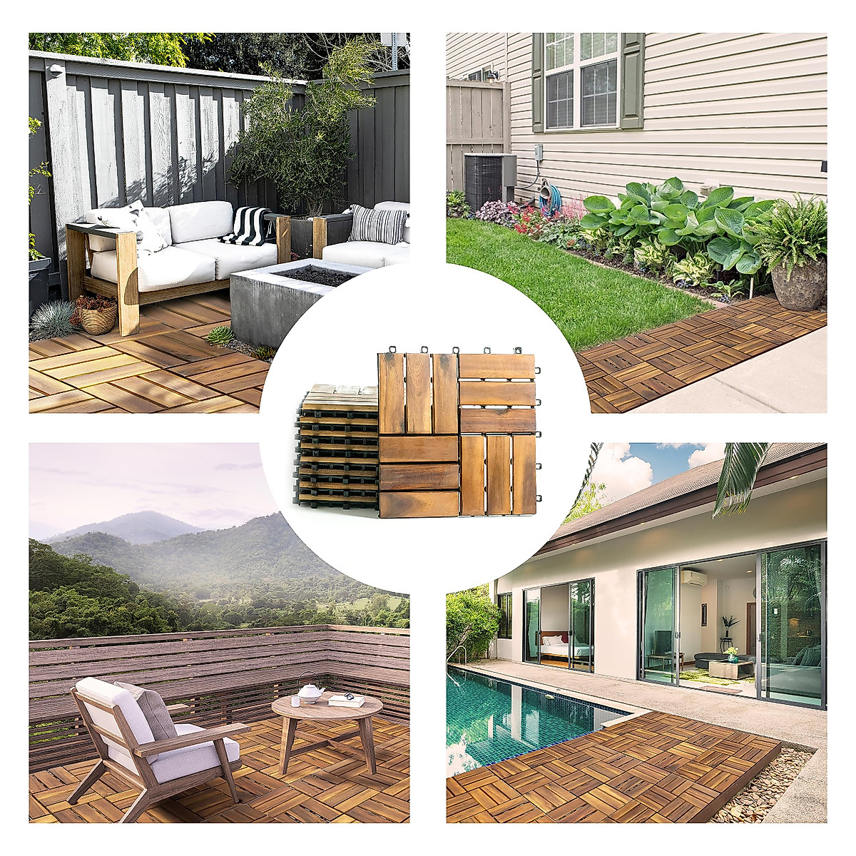 ASESVIDA Acacia Interlocking Deck Tiles - Premium 9 Pack Outdoor Flooring 12 Slats - Waterproof, Durable Wood Patio Tiles for Garden, Balcony, Backyard - Ring Joint Design (12 slats, Acacia, 9)