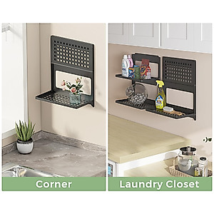 SKIKEN 2-Tier Folding Metal Shelf Wall Mounted | Small Foldable Wall Shelf | Dorp Down | Combined Stackable | Small Combined Floating Shelf for Laundry Room Bathroom Utility RV | 13.4" (Black)