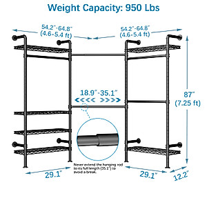 Timate L3 L Shape Garment Rack Heavy Duty Clothes Rack for Hanging Clothes, Expandable Industrial Pipe Wall Mounted Clothing Rack, Adjustable Corner Closet Wardrobe Closet Kit Closet Systems, Black