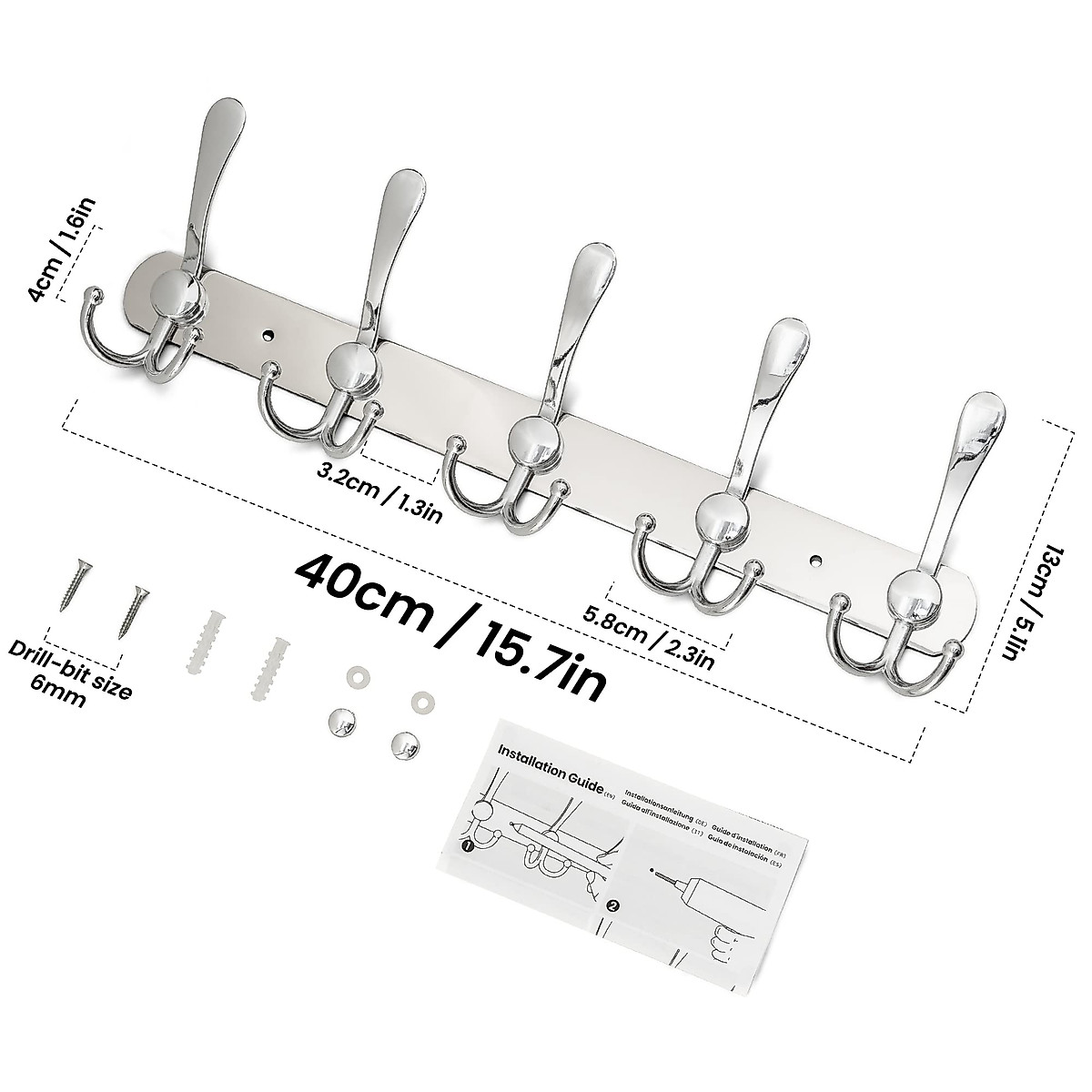 Damita Coat Rack Wall Mount - 5 Tri Hooks, Heavy Duty Coat Hooks for Bathroom, Mudroom, Entryway, Kitchen, 304 Stainless Steel Modern Wall Hook Rack (1 Pack, Silver)