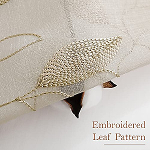 HOMEIDEAS Taupe Sheer Curtains 52 X 84 Inches Long 2 Panels Beige Embroidered Leaf Pattern Pocket Faux Linen Floral Semi Sheer Voile Window Curtains/Drapes for Bedroom Living Room