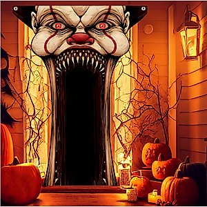 Halloween Clown Vampire Banner Decorations, Horror Halloween Large Door Cover Decor, Halloween Creepy Decoration Door Banner for Hallowmas Movie Birthday Party Photo Booth Props Flag Photo Backdrop