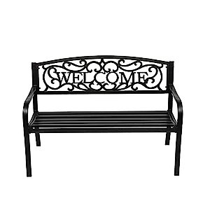 Dkeli Garden Patio Bench Outdoor Metal Park Bench Furniture Sturdy Cast Iron 50" Porch Chair Seat with Armrests 480BLS Bearing Capacity for Park Yard Deck Entryway, Black