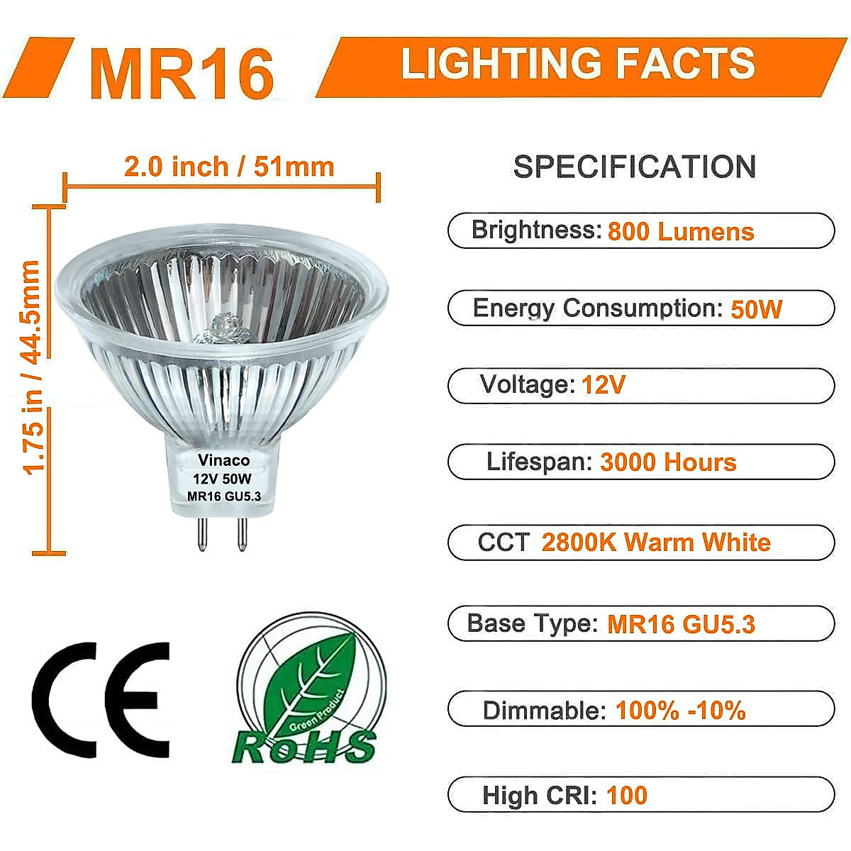 Vinaco MR16 Halogen Bulb 50W 12V, 6 Pack MR16 Bulb Dimmable, Long Lasting MR16 GU5.3 50W Bulb, 2800K MR16 Warm White with GU5.3 Base, Halogen MR16 50W for Landscape, Track Lights, and Fiber Optics