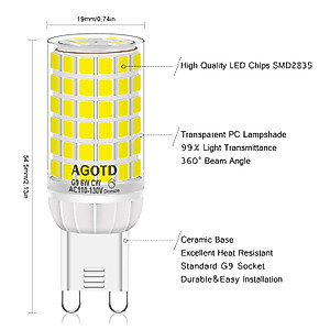 AGOTD G9 LED Bulb 6W, Dimmable Daylight White 6000K, 658LM LED Light Bulb, T4 40W 50W 60W Halogen Replacement G9 Bi Pin Base, No-Flicker, Chandelier Lighting, 5 Pack
