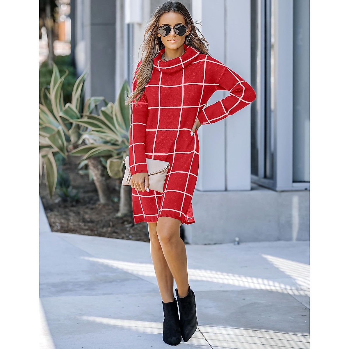 luvamia Women's Casual Turtleneck Knitted Sweater Long Sleeves Grid Warm Comfy Pullover Sweater Dress Womens Long Sleeve Dresses Christmas Dresses for Women Luscious Red Size Medium Size 8 Size 10