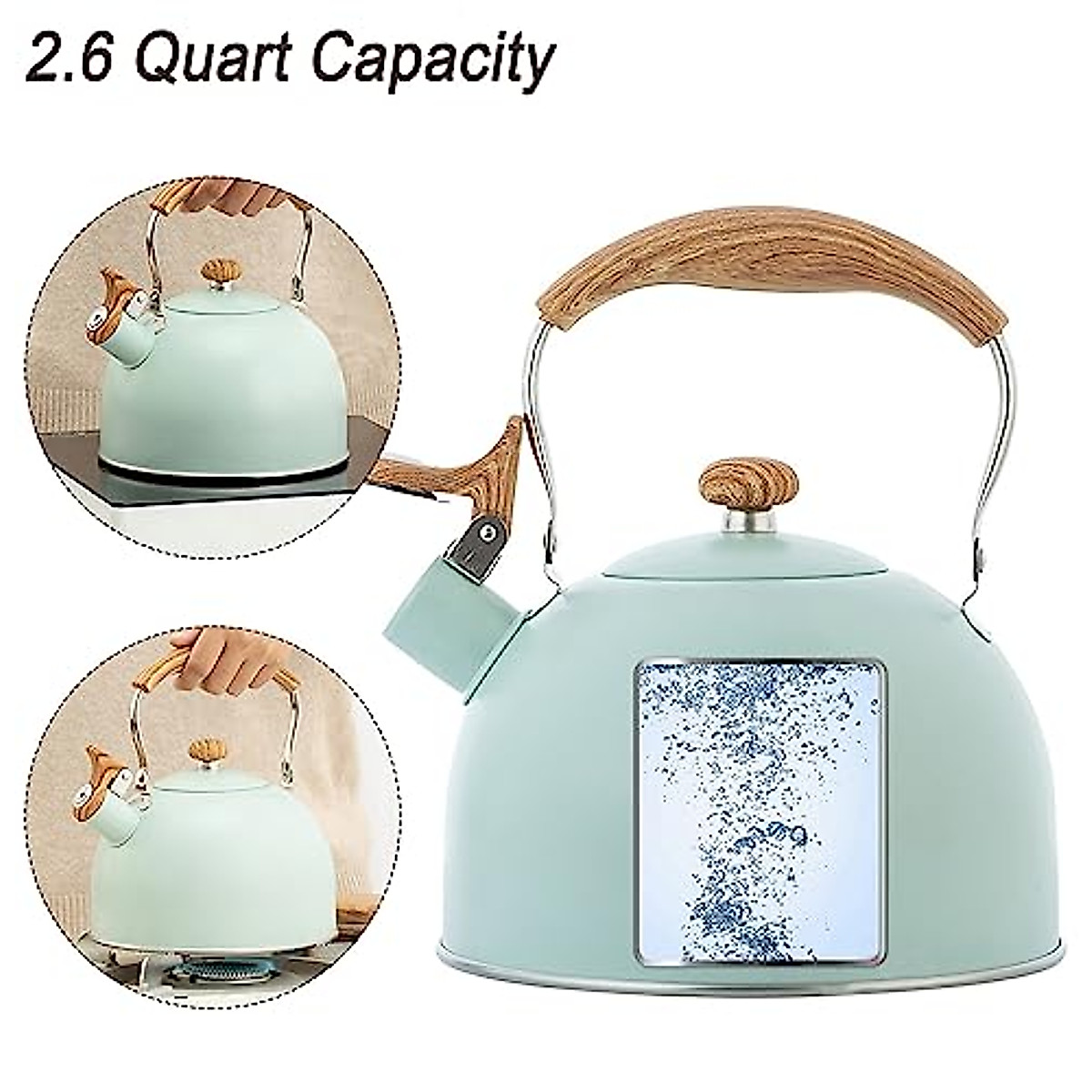 Tea Kettle,2.6 Quart Whistling Tea Kettle,Teapot for Stovetop,Food Grade Stainless Steel Teapot with Wood Pattern Handle, Loud Whistle Kettle for Tea, Coffee, Milk(Green-2.6 Quart)
