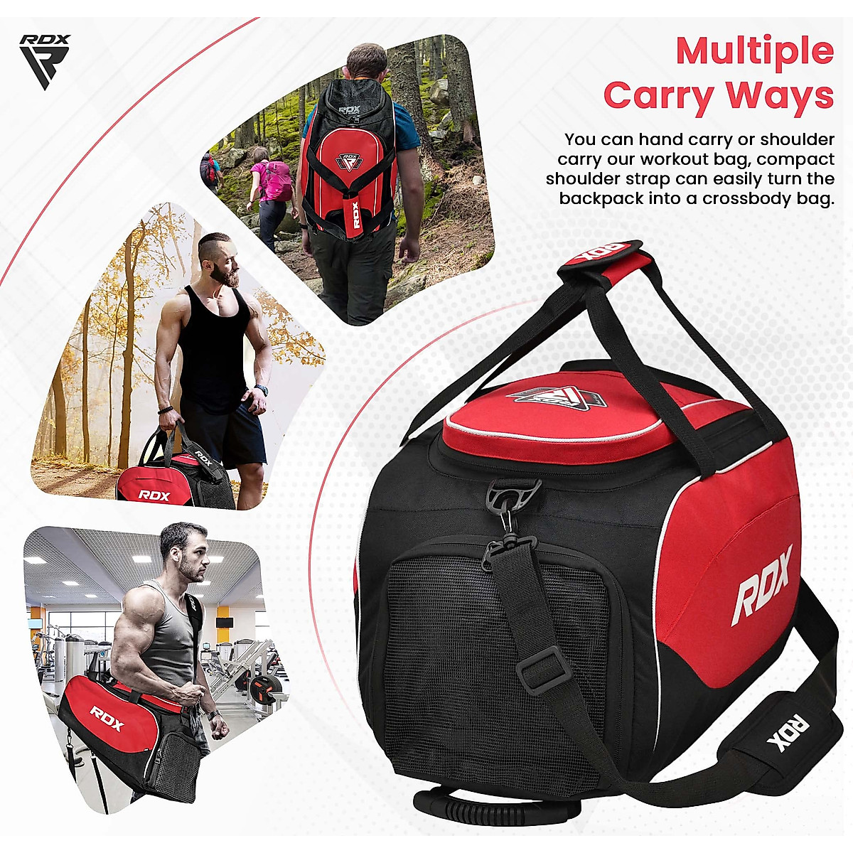 RDX Kit Bag Gym Duffle Sports Holdall Gear MMA Fitness Exercise Equipment Backpack Hiking Luggage Shoulder Sportswear Lightweight Rucksack Handles Running Zipper Travel Carry on Shoe Compartment