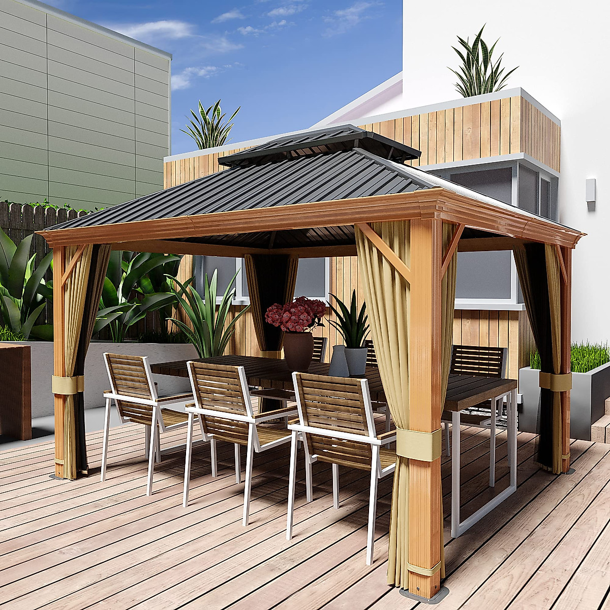 HAPPATIO 10' x 12' Hardtop Gazebo, Outdoor Wood Grain Frame Aluminum Gazebo with Galvanized Steel Double Roof，Patio Gazebo Canopy with Netting and Curtains for Patio, Lawns, Deck，Backyard (Beige)