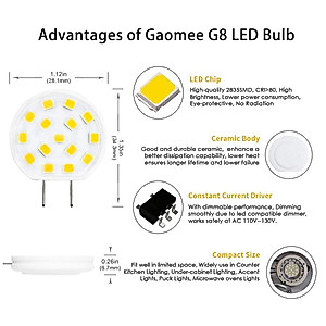 G8 LED Bulb Dimmable 3W Mini Thin Puck Light Bulbs Equivalent to 20W-25W T4 G8 Bi-Pin Base Halogen Bulb, 120V Warm White 3000K G8 Bulb for Under Counter Kitchen Lighting, Under Cabinet Light (8 Pack)