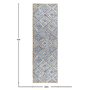 CASAVANI Indian Hand Braided Rag Rug Geometric Blue & Beige Cotton Chindi & Jute Rug Best Uses for Living Room,Hallway Runner Rug,Stair Runner Rug & Kitchen 2.6x8 2.6x10 8x11 Feet