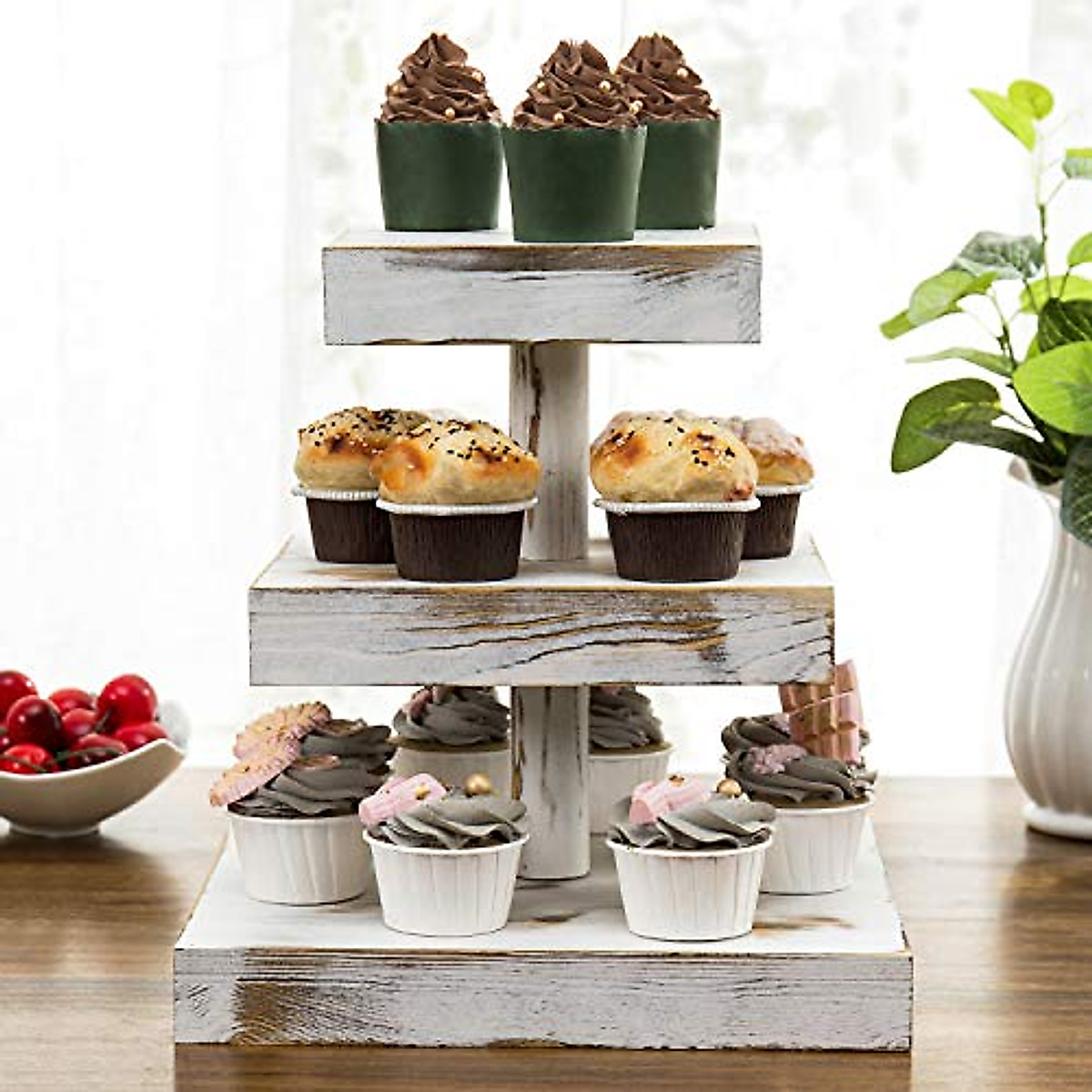 MyGift Whitewashed Wood Cupcake Stand, 3 Tiered Square Serving Tray, Desserts and Appetizer Display Riser
