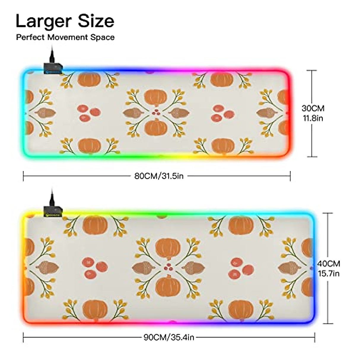 Large RGB Gaming Mouse Pad Pumpkin Acorn Cranberry Damask Glowing Extended Mousepad, Soft Anti-Slip Rubber Base Luminous Mouse Mat for Pc Laptop, Gaming, Office, Home