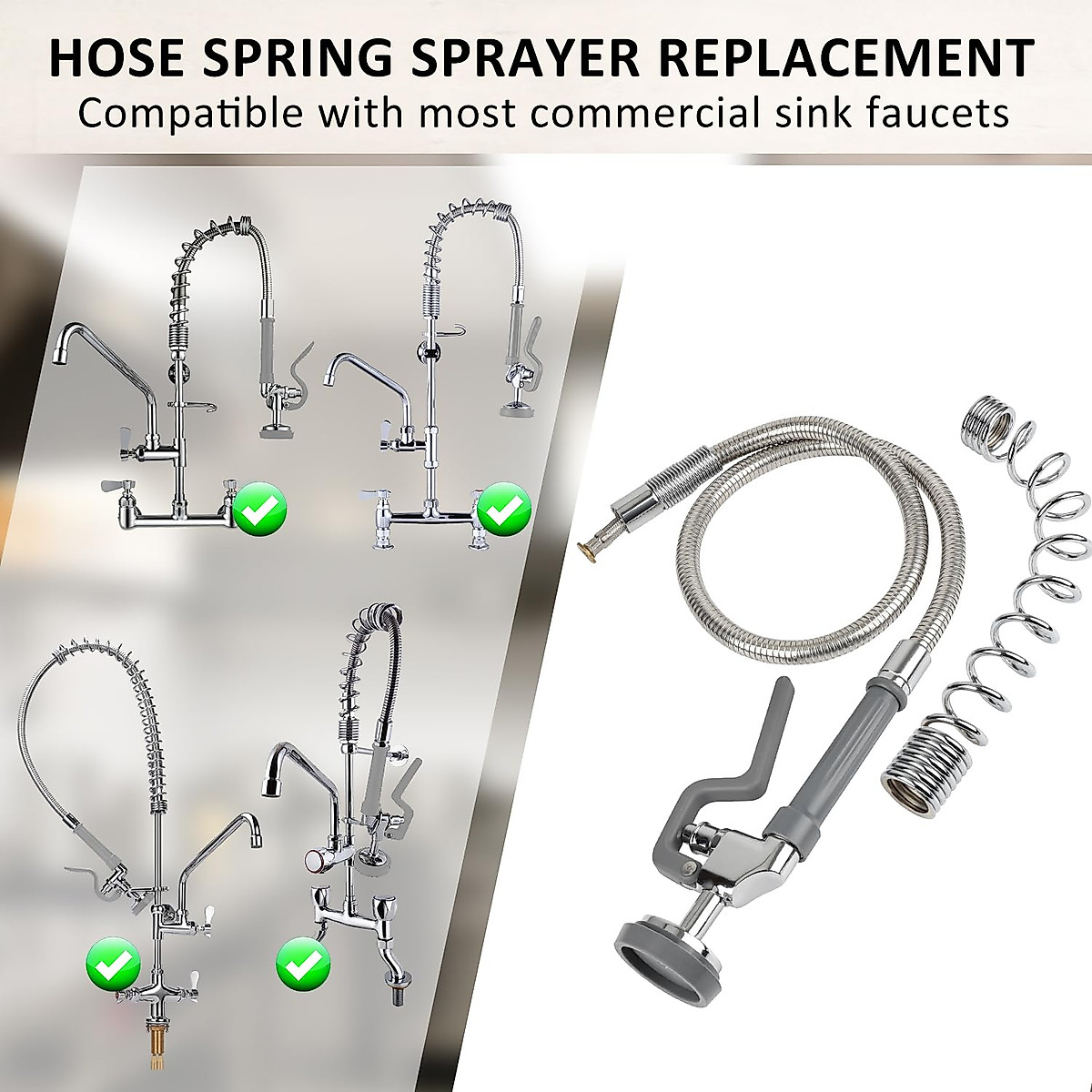 Commercial Sink Sprayer with Flexible Hose & Pre-Rinse Overhead Spring, High-Pressure Dish Spray Valve 38inch Stainless Steel Hose Easy Installation for Home Commercial Restaurant Industrial (Gray)