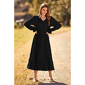 PRETTYGARDEN Women's 2024 Fall Midi Dress Casual Long Sleeve V Neck Swiss Dot Pleated A Line Flowy Dresses (Black,Medium)