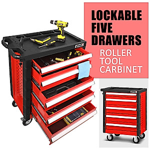 DNA MOTORING 30.5" L x 18" W x 38" H 5-Drawer Lockable Slide Tool Chest Rolling Tool Cart Cabinet (TOOLS-00001) with Keys , Red, Upgrade Package