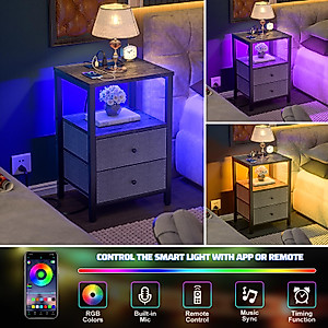 Cyclysio NightStands Set of 2 with LED Lights, Night Stand with Charging Station, 25.6'' Bedside Tables with 2 Drawers for Bedroom Living Room, Grey