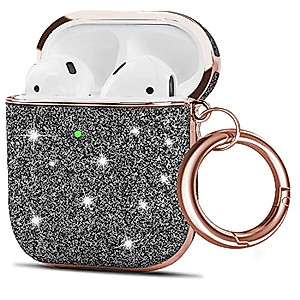 Aiiko Glitter Case for AirPods, Airpod Case Cover for Apple Airpods 2nd 1st Charging Case Bling Protective Air Pods Case with Keychain for Woman Girl Sparkly Air Podswireless Case Front LED Visible