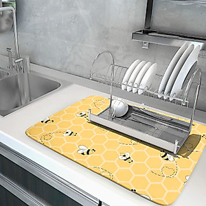Cute Bees Dish Drying Mats Yellow Bumblebee Beehive Kitchen Pad Funny Honeybee Dish Drainer Rack Pads Absorbent Drying Cushion For Kitchen Counter Indoor 16x18 Inches