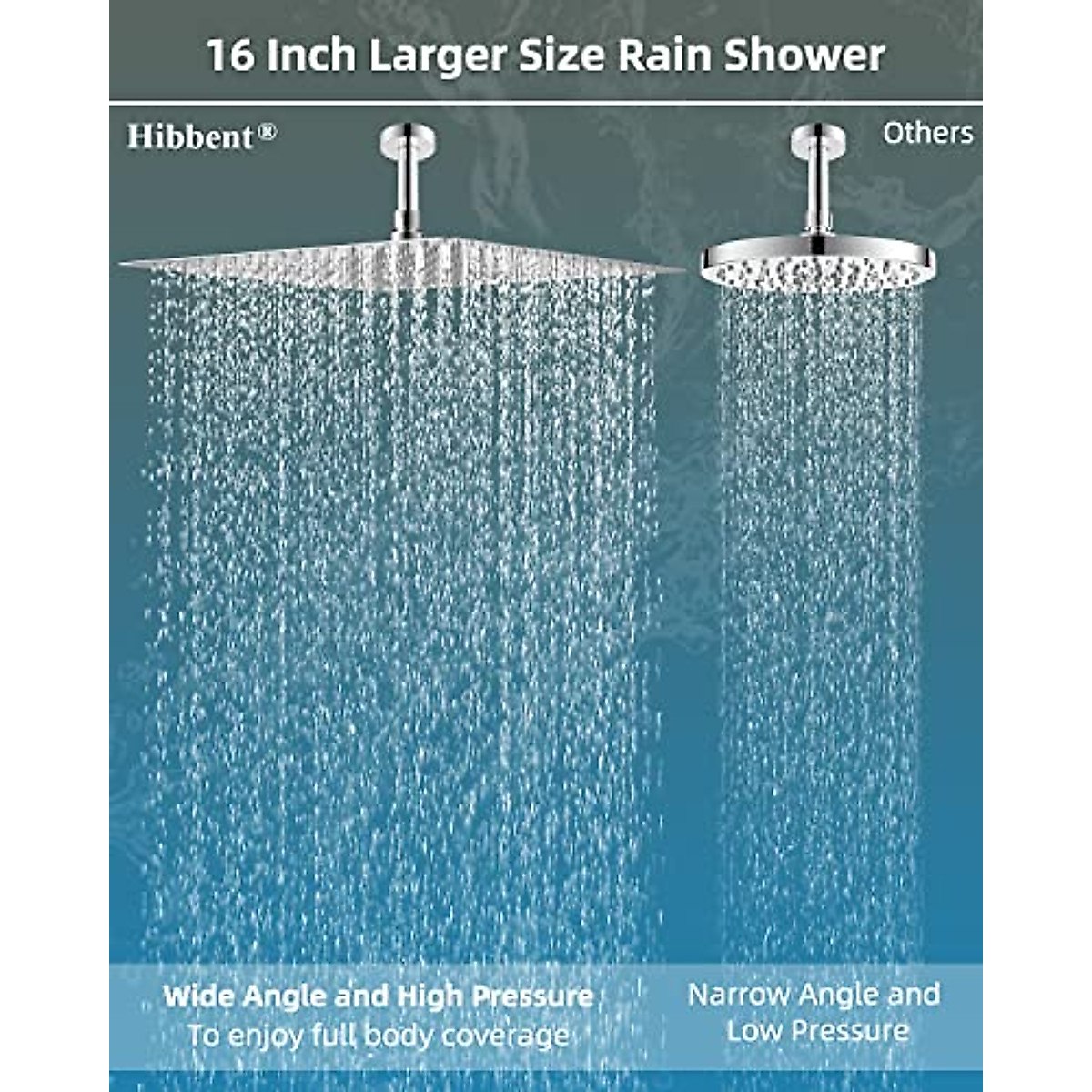 Hibbent All Metal Rain Shower Head, High Pressure 16 Inch Large Rainfall Showerhead, Stainless Steel Square Bathroom Shower Head with Adjustable Brass Ball Joint, Self-cleaning Silicon Nozzle, Chrome