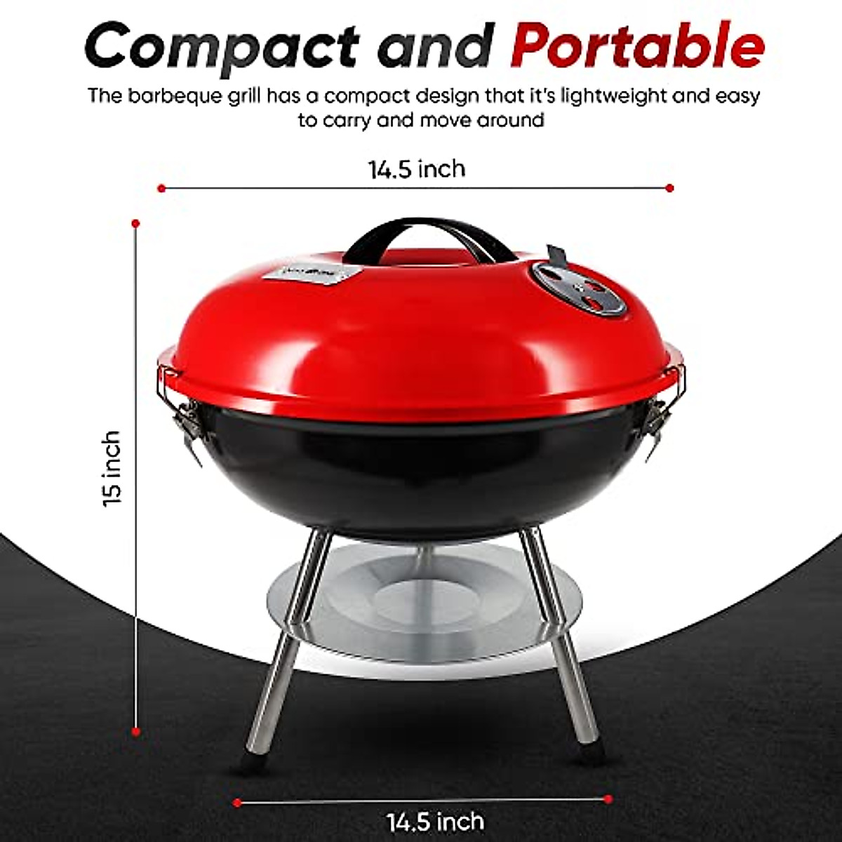 Gas One Charcoal Grill – 14-inch Portable – Barbecue Grill with 3-Point Locking Lid for Heat Preservation – Dual Venting System – Small Charcoal Grill for Backyard, Camping, Boat