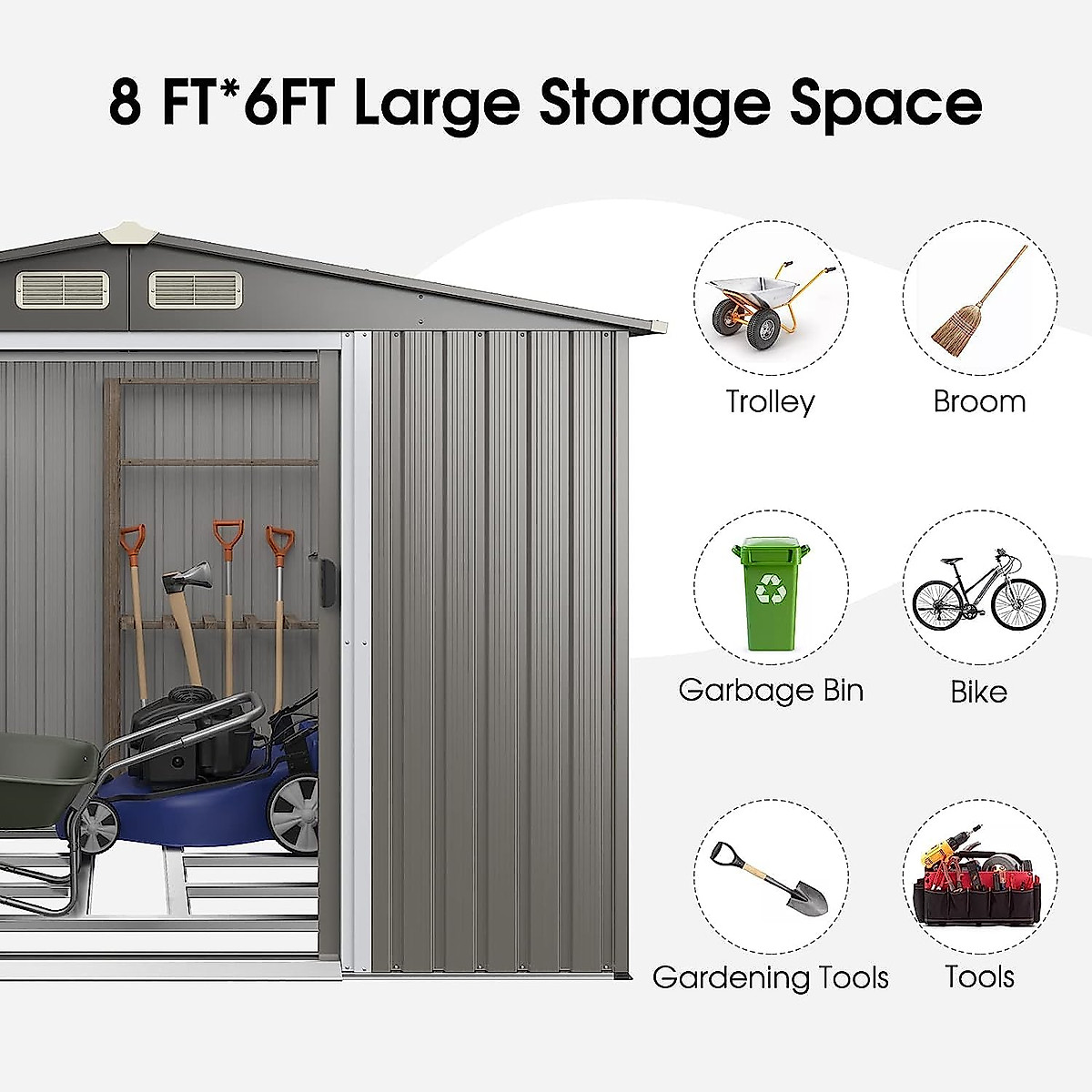 Goplus 8.5’ x 6.8’ x 6’ Outdoor Storage Shed, Weather-Resistant Utility Storage House w/Foundation, 4 Air Vents, Double Doors & Ramp, Galvanized Steel Tool Shed for Garden, Lawn, Patio, Yard