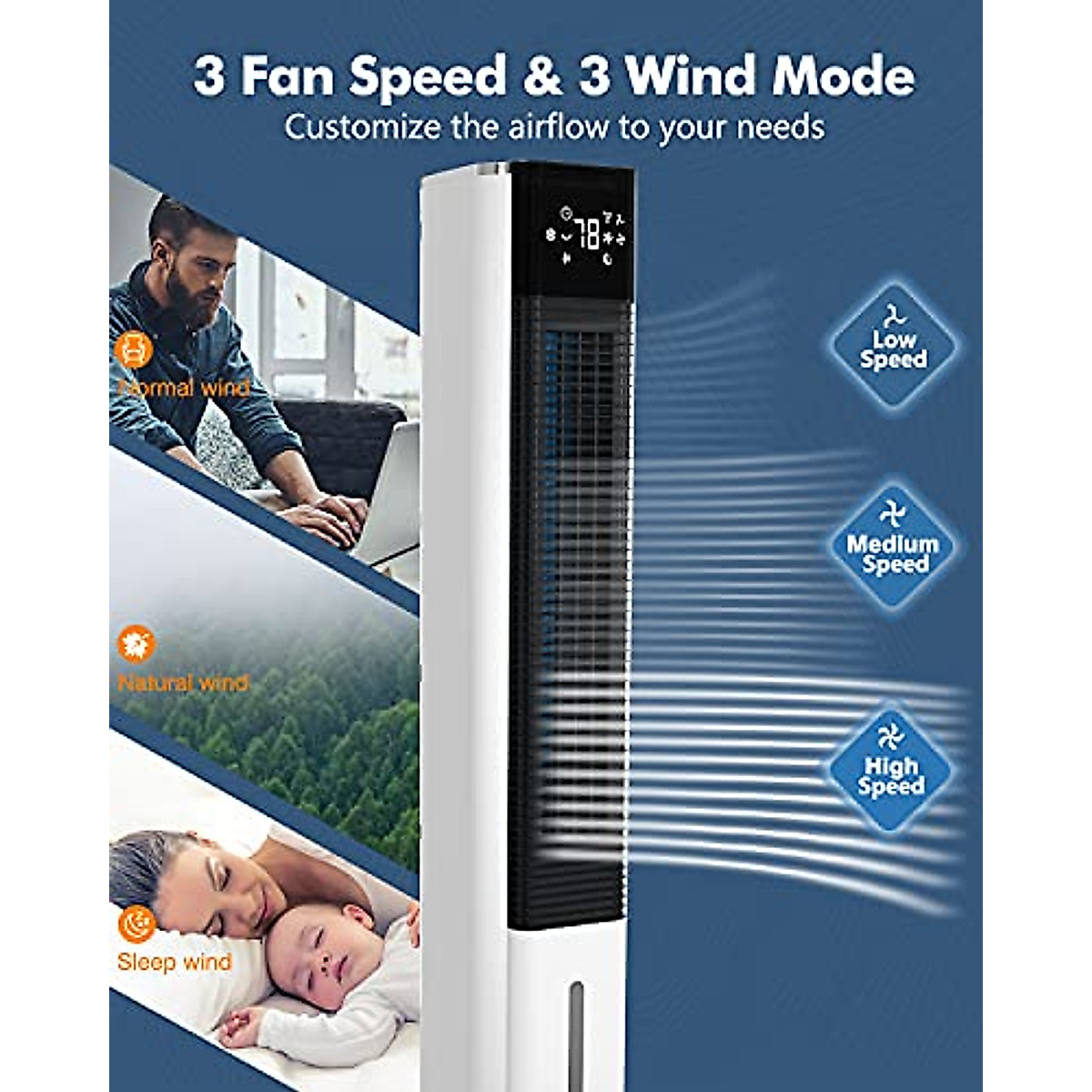 Evaporative Air Cooler, 41” Portable Air Cooling Fan with Top & Bottom Water Refilling, 3 Speeds 3 Modes, 4 Ice Packs, 12H Timer, 1.3 Gal Water Tank, 50° Oscillation for Room Indoor, Remote Control