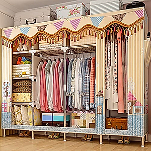 ZZBIQS Extra Large Clothes Wardrobe Storage Closet, Portable Garment Organizer Shelve Rack for Hanging Clothes, 82x68x18Inches, Flannel Fabric Cover Standing Closet with Hang Rod and 2 Side Pockets