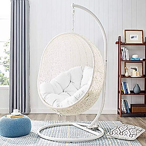 Modway Hide Wicker Rattan Outdoor Patio Porch Lounge Egg Swing Chair Set with Stand in White
