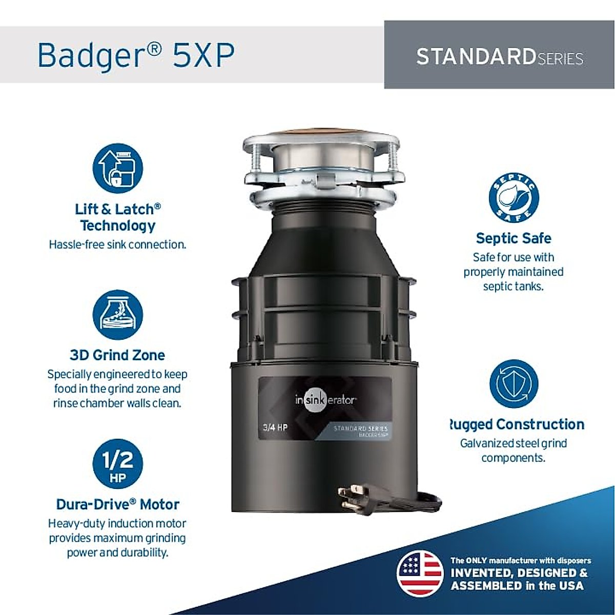 InSinkErator Badger 5XP Garbage Disposal with Power Cord, Standard Series 3/4 HP Continuous Feed Food Waste Disposer, Badger 5XP W/C