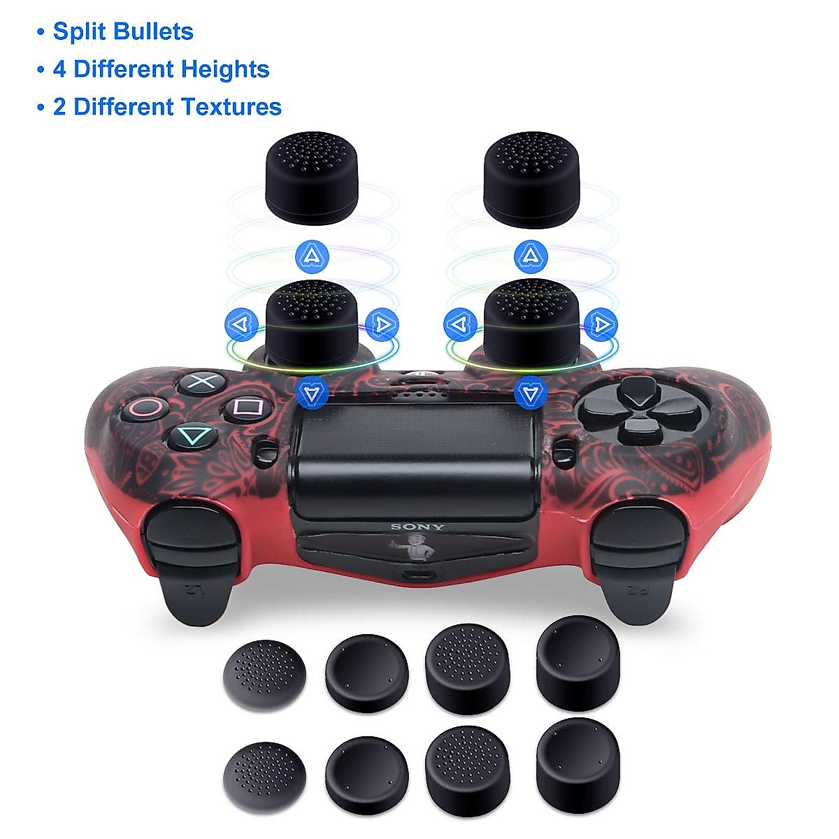 Silicone Controller Covers Compatible with PS4 Controller - 2 Pack of Anti-Slip Protector Controller Skin Case- with 4 Pairs Thumb Grips - Red & Blue