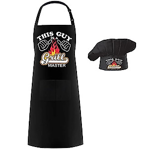 Hyzrz Chef Apron Hat Set,This Guy Is A Grill Master,Chef Hat and Apron Adjustable Baker Costume with Pocket Dad Apron for Kitchen Grill BBQ Men and Women Father's Gift (Black)