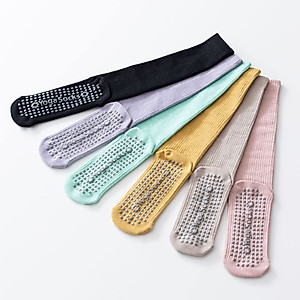 Yoga Pilates Socks with Grips for Women Non Slip Compression Cushioned Knee High Over the Calf Socks for Barre Ballet Dance (Black)