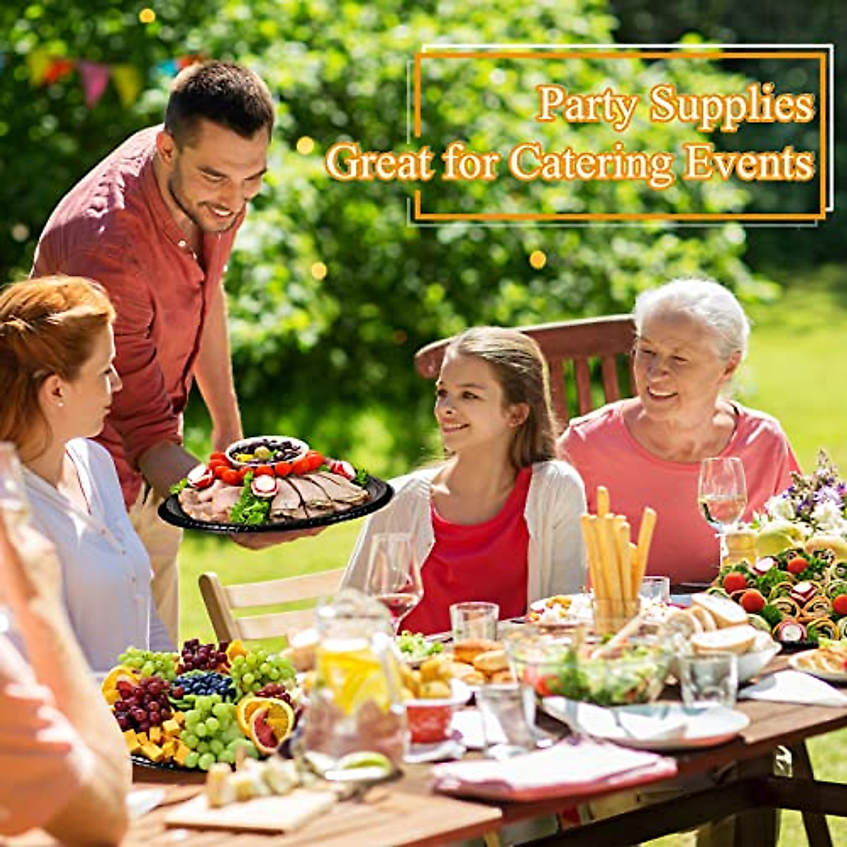 Tessco 12 Pack 16 Inch Heavy Duty Serving Tray with Clear Lid and Sporks, Large Plastic Tray with Elegant Platter Round Black Disposable for Fruit Sandwich Party Takeout Food Catering Picnic