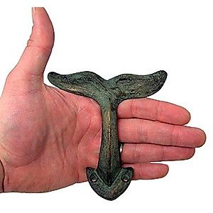 Rustic Green Patina Cast Iron Whale Tail Wall Hooks, 4 1/2 Inches, Set of 3