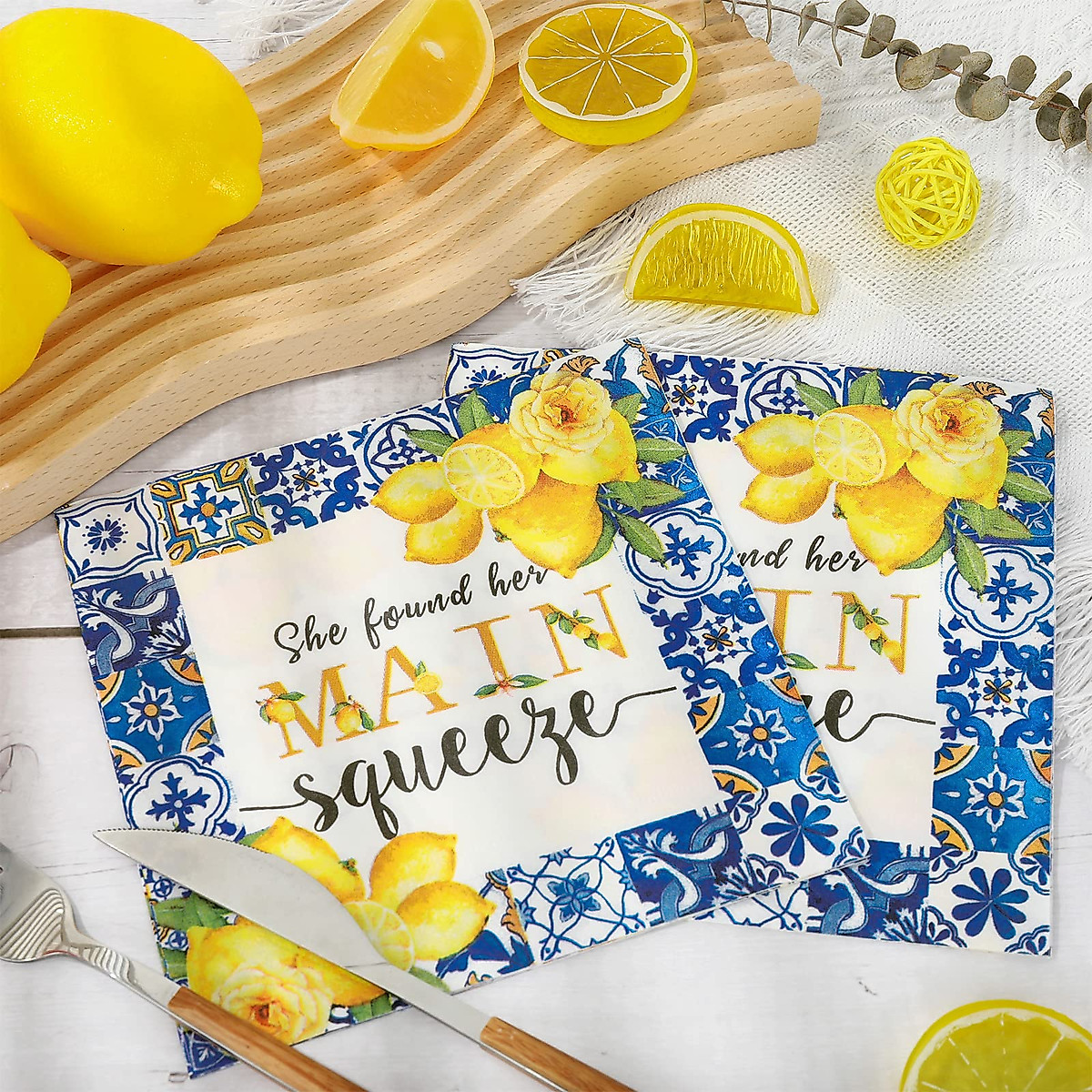 AnyDesign 80 Pack Lemon Luncheon Napkins Disposable She Found Her Main Squeeze Paper Decorative Napkins Blue Tiles Print Dessert Dinner Hand Napkin for Buffet Party Supplies Decoration, 6.5 x 6.5 In