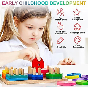 HELLOWOOD Wooden Sorting & Stacking Toys, Montessori Toys for 1 2 3 Years Old Toddlers, Shape Sorter Puzzles with 24-Piece Large Geometric Blocks & 12 Word Cards, Gift for 12+ Months Baby Boys Girls