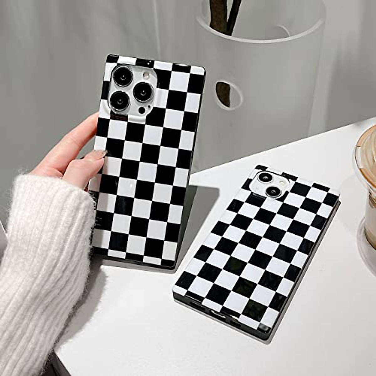 Reezaddin Square Checkered Phone Case for iPhone 13 Pro Max Black White Grids Plaid Checkerboard Slim Soft Classic Trunk Design Strong Shockproof Protective Checker Cover for iPhone 13promax 6.7"