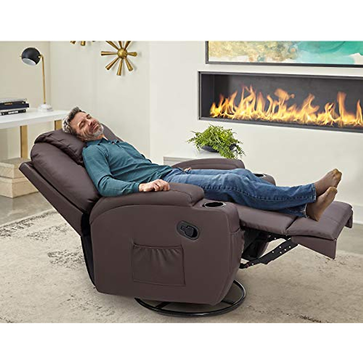 Shahoo PU Leather Chair with Massage Function Adjustable Home Theater Single Recliner Thick Seat and Backrest, 360° Swivel and Rocking Sofa for Living Room, Attractive Brown