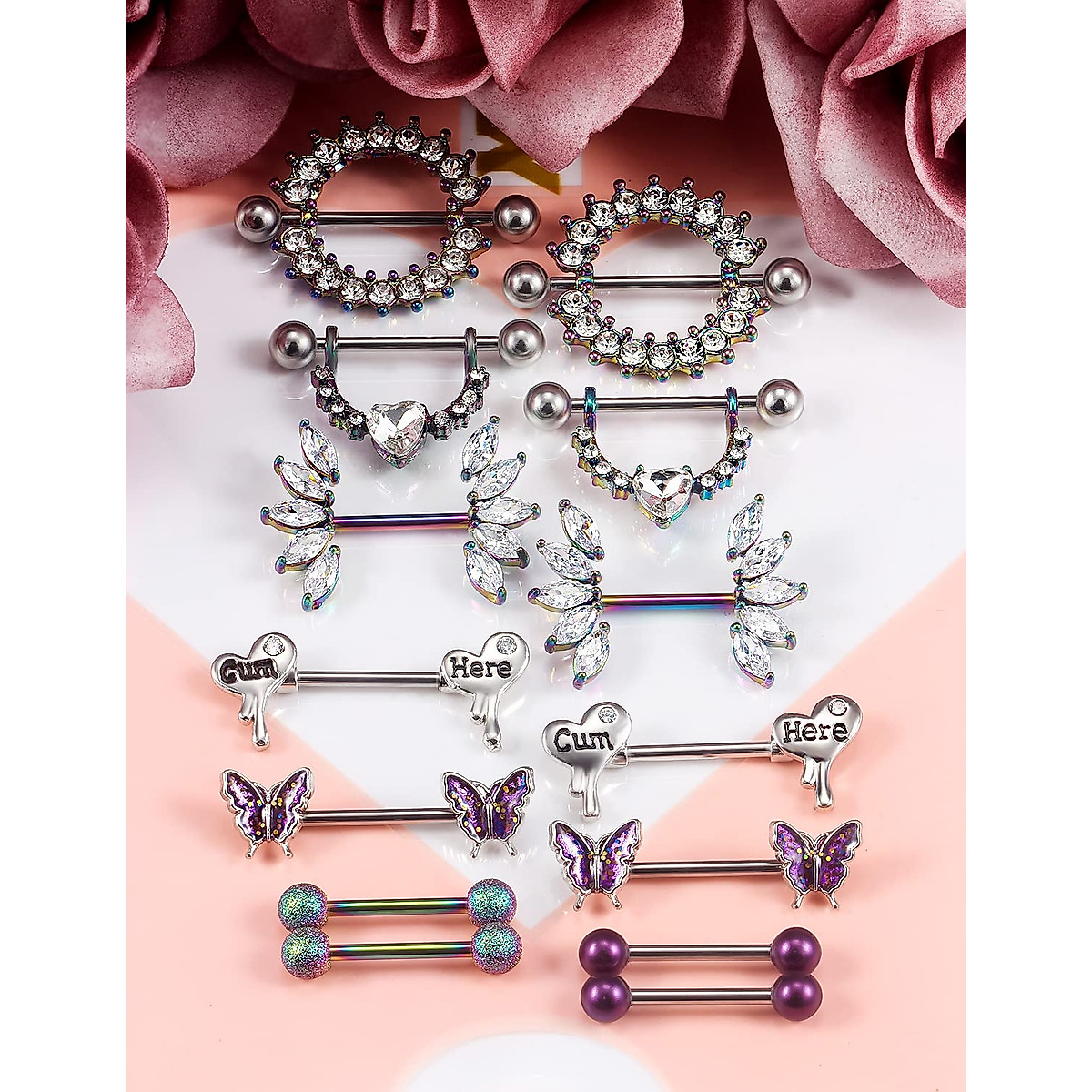 Cisyozi 14G Nipple Piercing Jewelry Nipple Rings for Women Purple Stainless Surgical Steel Nipple Shield Nipplerings Ring Barbell Bar Body Piercing Jewelry for Women 14mm