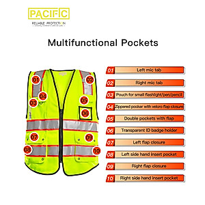 PACIFIC 10 Pockets Safety Vest for Men, 3M High Visibility Reflective Strips with Pockets and Zipper, ANSI Class 2, Yellow, X-Large