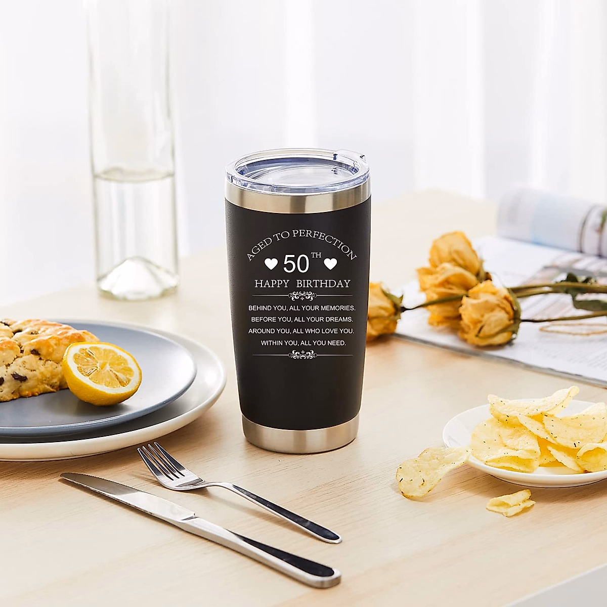 Calltoge Inspirational 1975 50th Birthday Gifts for Women Men 20oz Stainless Steel Black Travel Car Tumbler Mug Behind You All Your Memories Before You All Your Dreams 50 Years Old Present