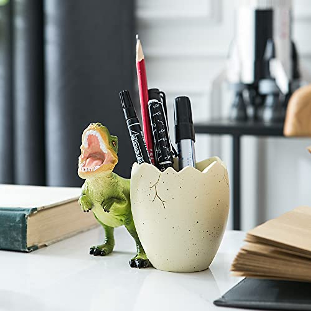 Banllis Dinosaur Pen Holder, Desk Organizers and Accessories + Decorative Bookends Book Ends to Hold Books Heavy Duty, Home Office Decor