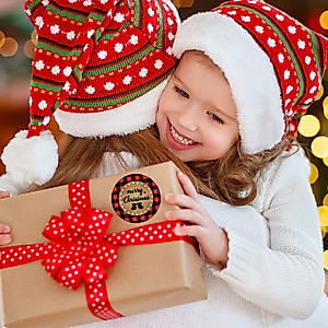600 Pieces Merry Christmas Stickers Buffalo Plaid Kraft Stickers 2 Inch Christmas Round Labels for Decoration Present Sealing, 8 Styles (Red and Black Plaid)