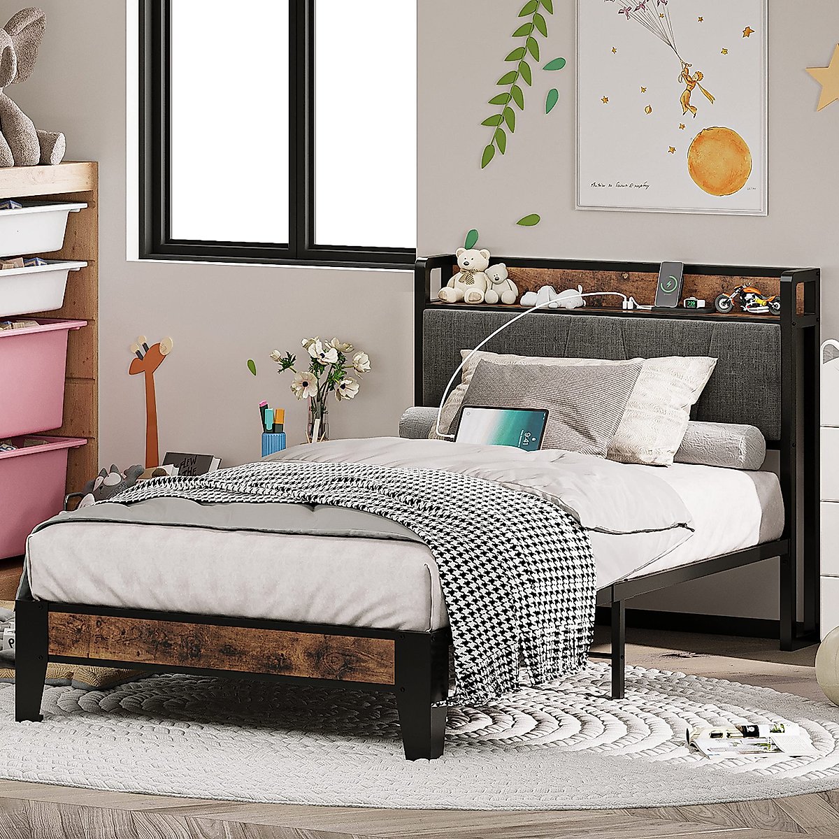 LIKIMIO Twin Bed Frames, Storage Headboard with Charging Station, Solid and Stable, Noise Free, No Box Spring Needed, Easy Assembly